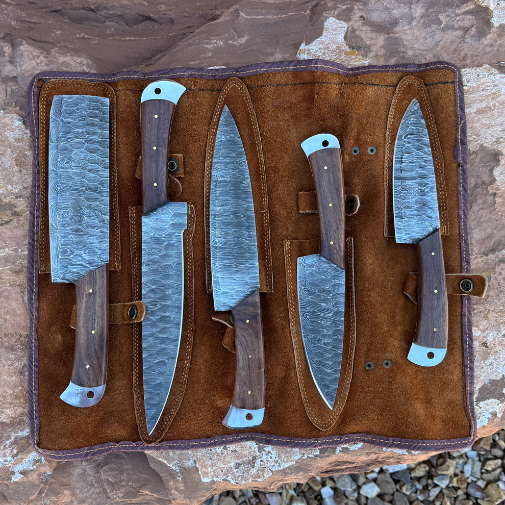 The Frontier Forge 5-Piece Hand-Hammered Chef Knife Set – Blue Spade Forge