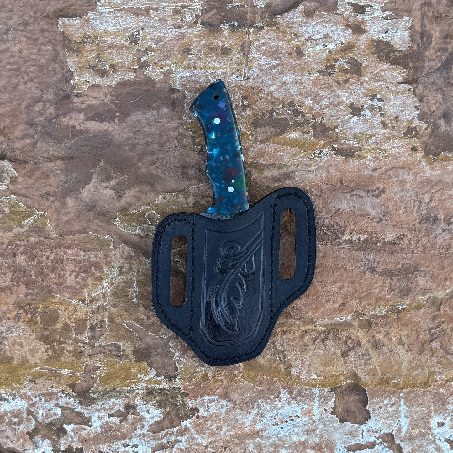 The Nebula Fang – Damascus Steel Knife with Resin Handle & Leather She ...